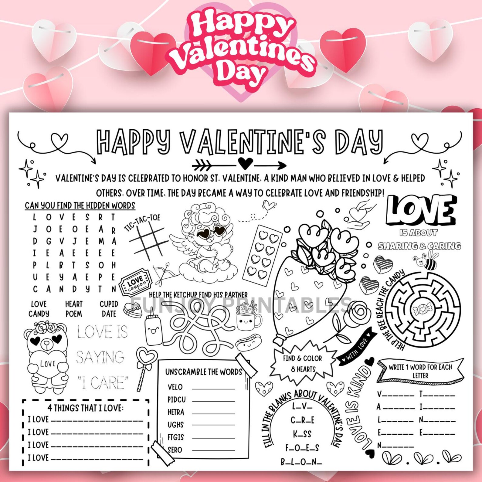 Kids Valentines Day Placemat, Activity Sheet (printable Download) - Etsy