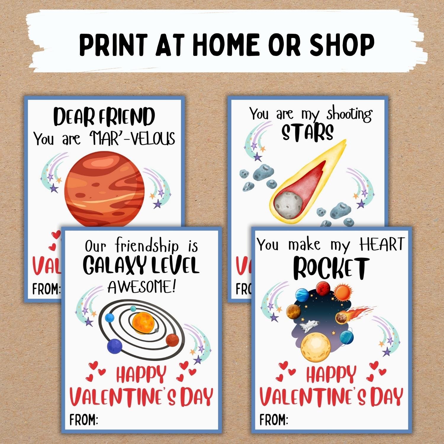 Space Valentine Cards for Kids, Printable Classroom Valentines, Space ...