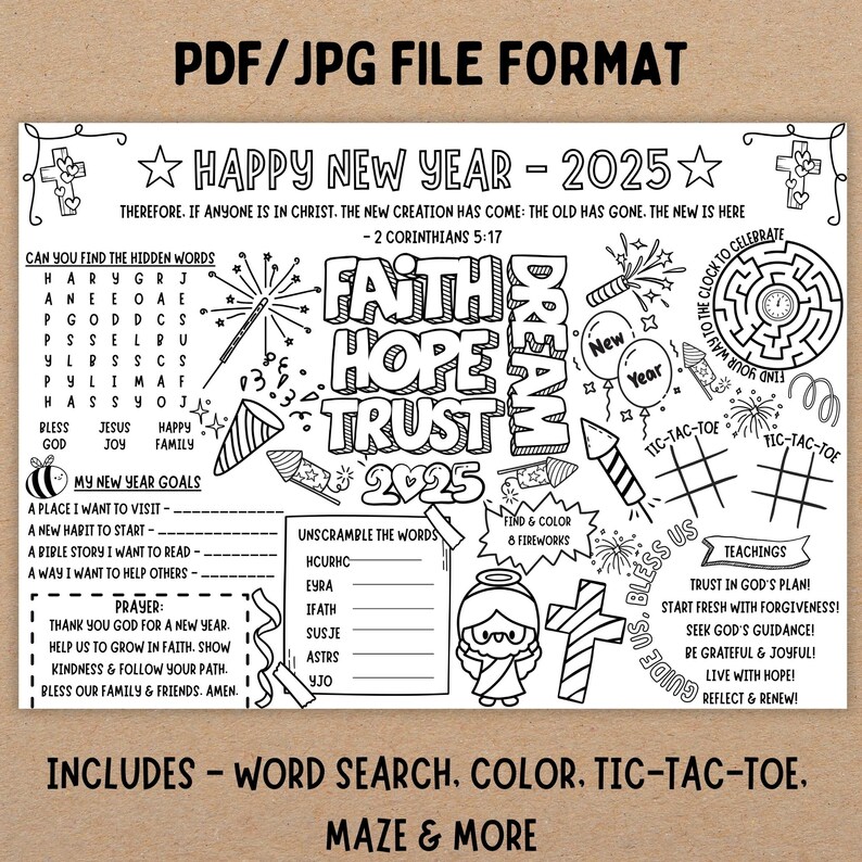 2025 New Year Faith Based Activity Placemat, Coloring Page for Kids ...