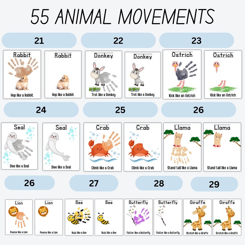 55 Animal Movement Handprint Art BUNDLE for Toddlers, Preschoolers ...