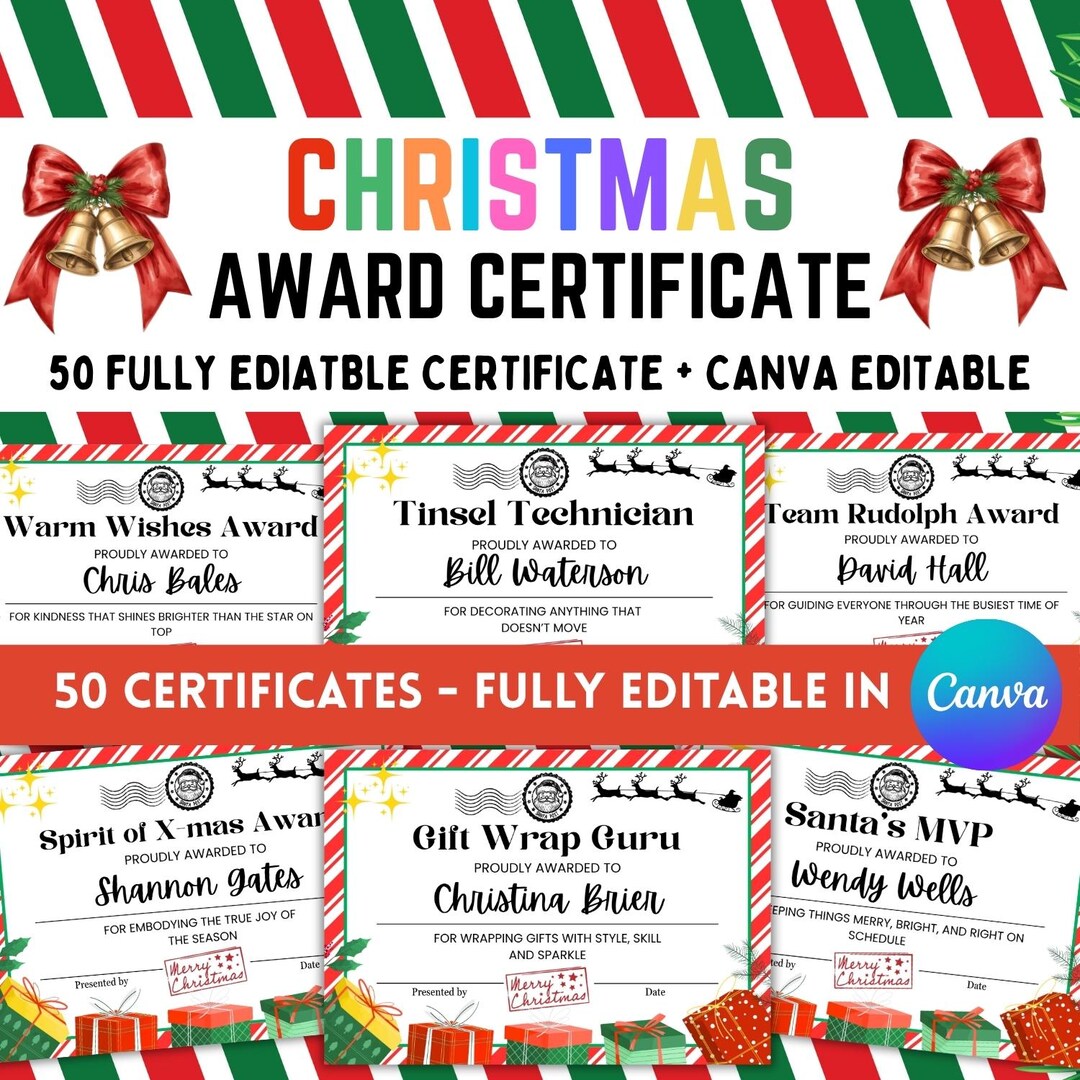 50 Christmas Award Certificates Canva Templates – Fully Editable Funny ...