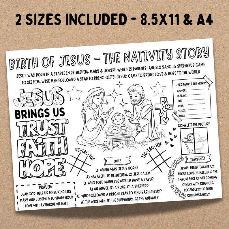 Nativity Activity Placemat Printable, Christmas Coloring Page for Kids ...