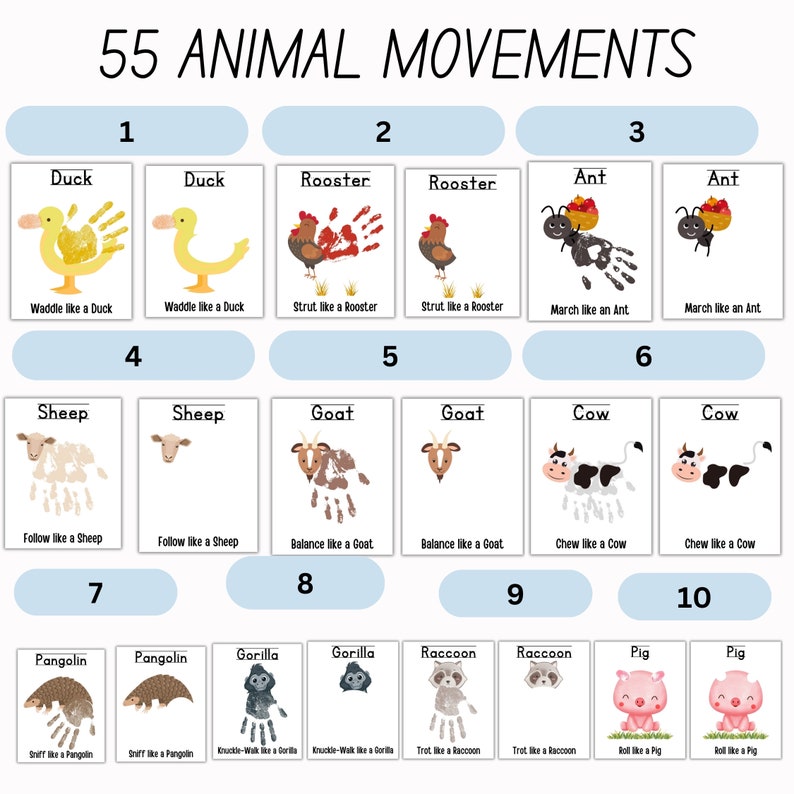 55 Animal Movement Handprint Art BUNDLE for Toddlers, Preschoolers ...