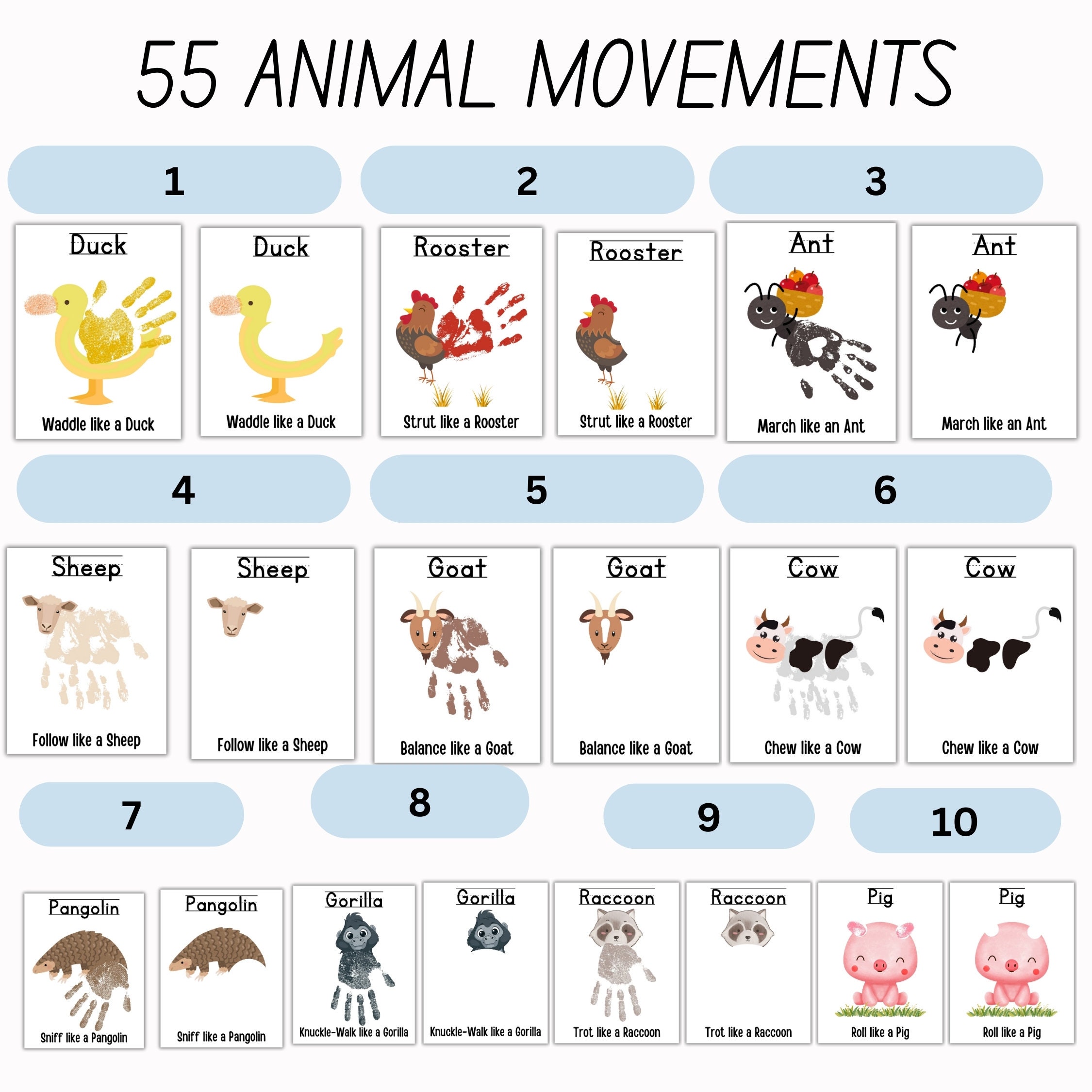 55 Animal Movement Handprint Art BUNDLE for Toddlers, Preschoolers ...