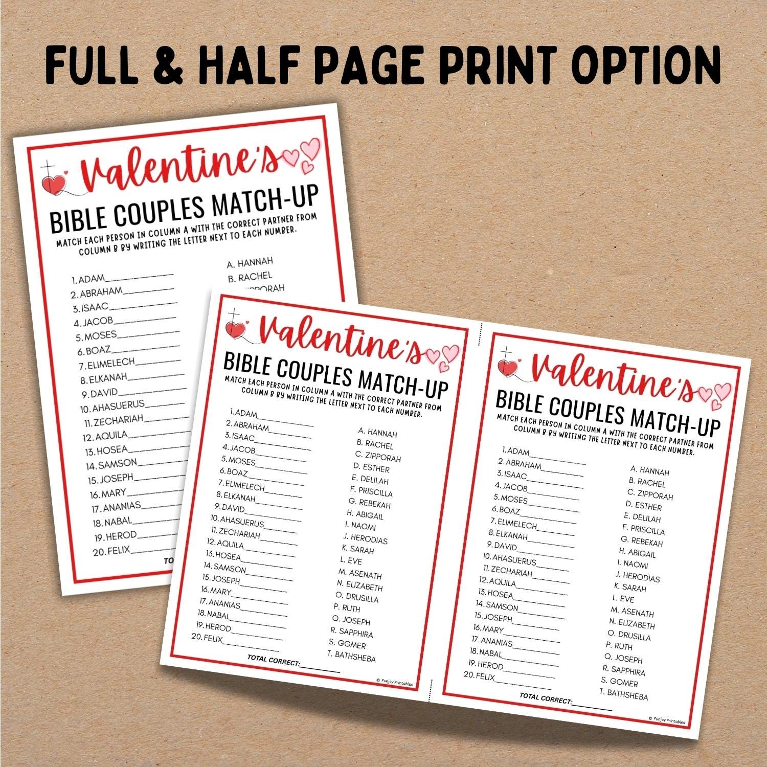 Valentine's Bible Couples Match-up Game | Christian Printable Quiz | Biblical Couples Matching ...