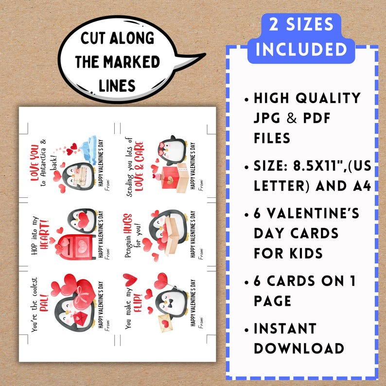 EDITABLE PRINTABLE Penguin Valentine Cards, Classroom Valentines Day ...