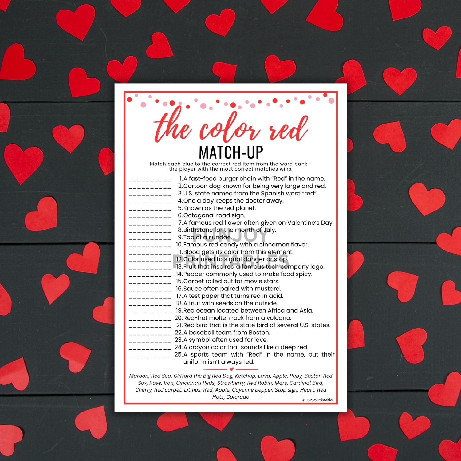 Valentine's Day the Color Red Game, Valentine Printable Games, Party ...