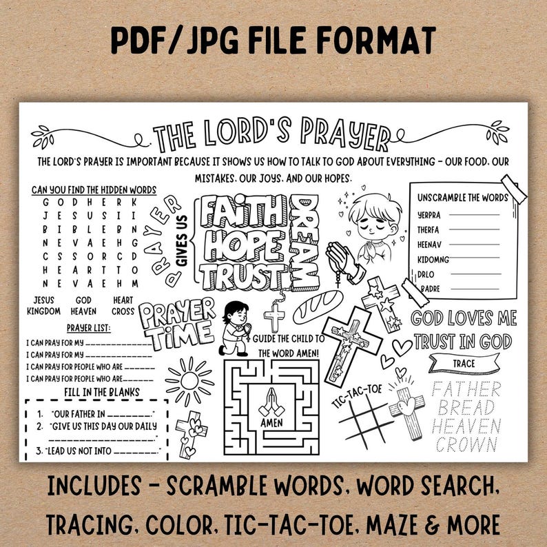 Lords Prayer Bible Verse Coloring Page, Tracing Worksheet, Kid Prayer ...