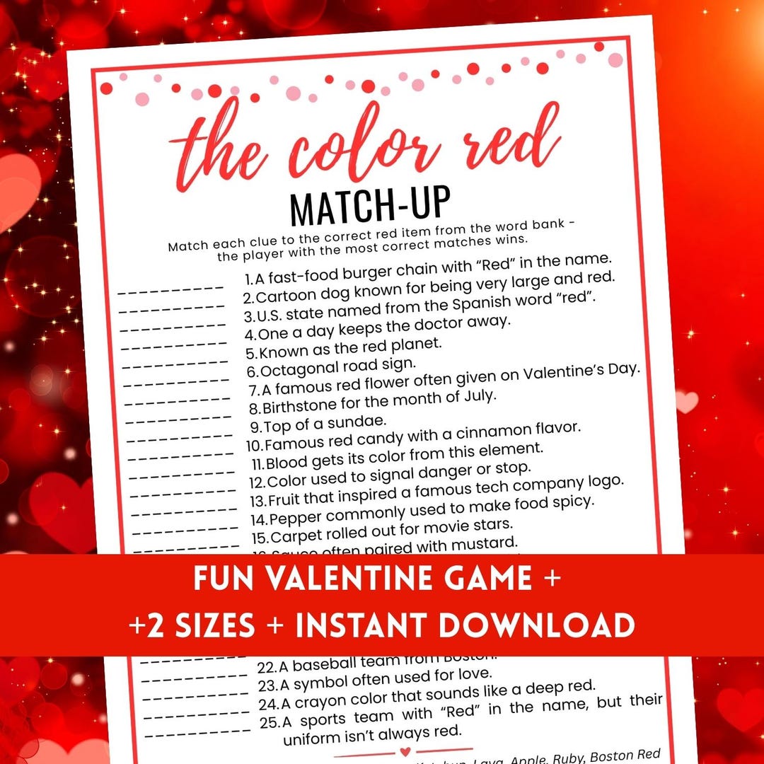 Valentine's Day the Color Red Game, Valentine Printable Games, Party ...