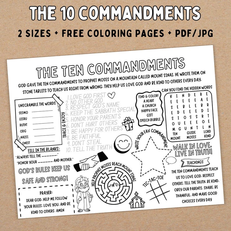 The Ten Commandments Activity Sheets, Christian Activity Pages, Bible ...