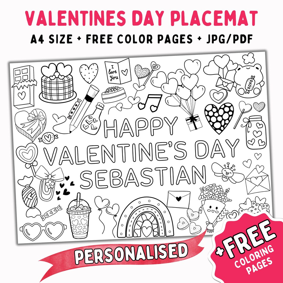 Personalized Valentine’s Day Coloring Placemat, Valentines Coloring ...