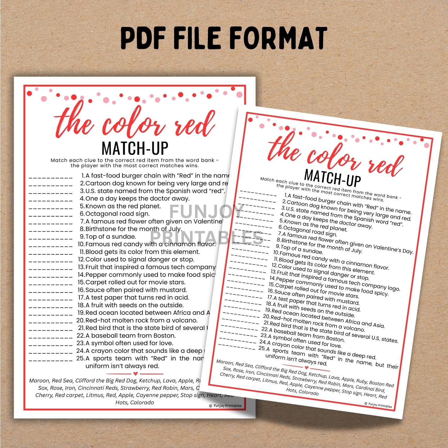 Valentine's Day the Color Red Game, Valentine Printable Games, Party ...