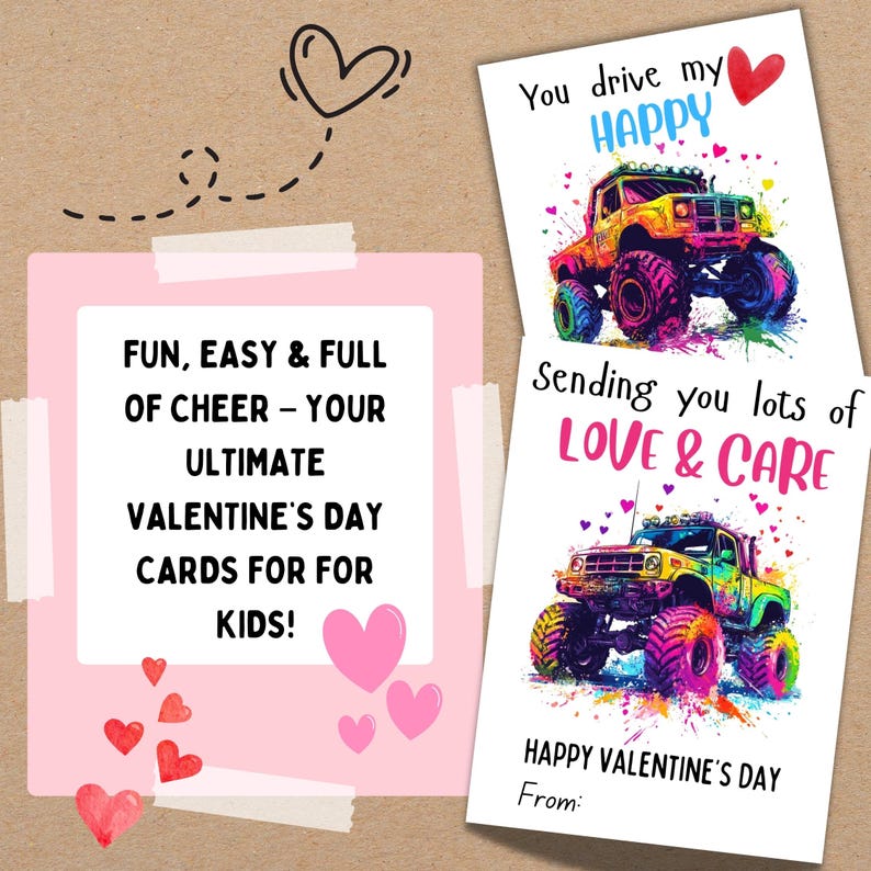 EDITABLE Monster Truck Valentine Cards, Printable, Kids Valentines ...