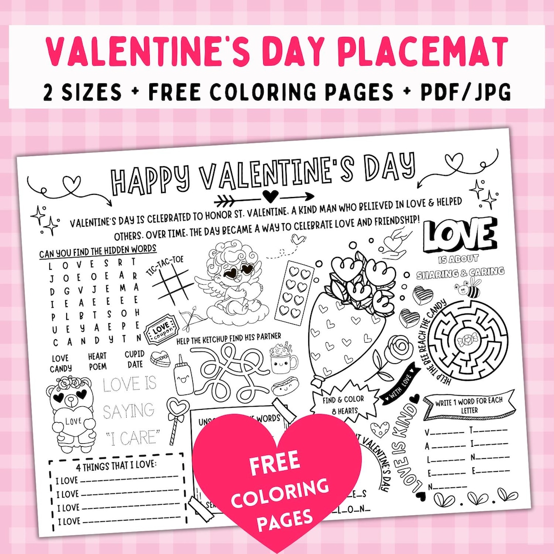 Kids Valentines Day Placemat, Activity Sheet (printable Download) - Etsy