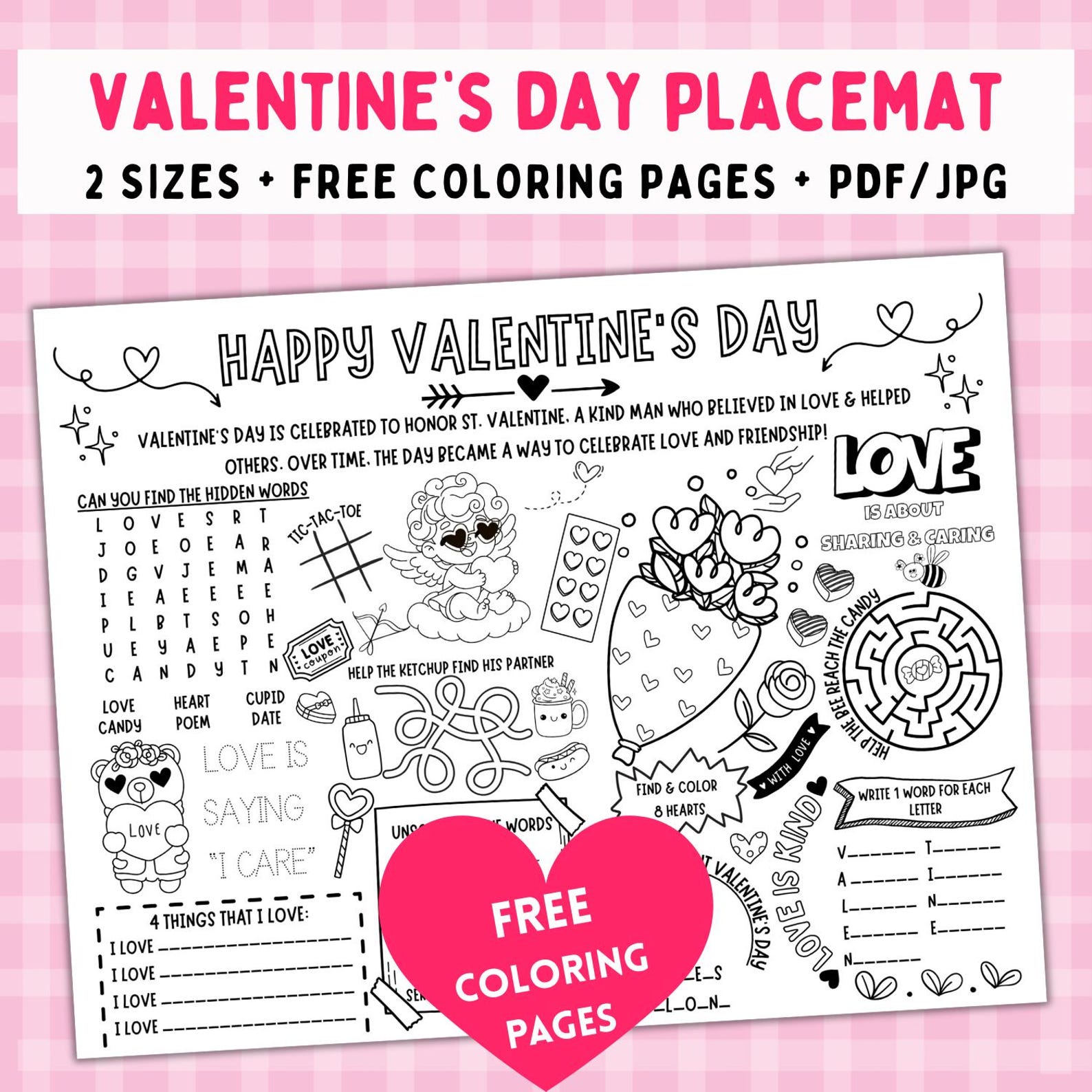 Kids Valentines Day Placemat, Activity Sheet (printable Download) - Etsy