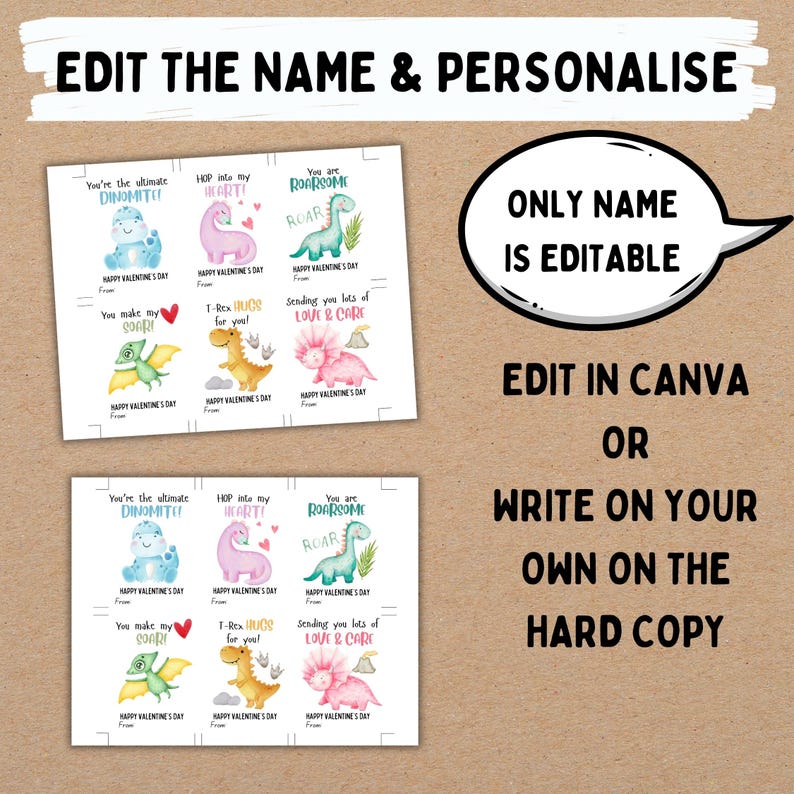 EDITABLE PRINTABLE Dinosaur Valentine Cards, Classroom Valentines Day ...