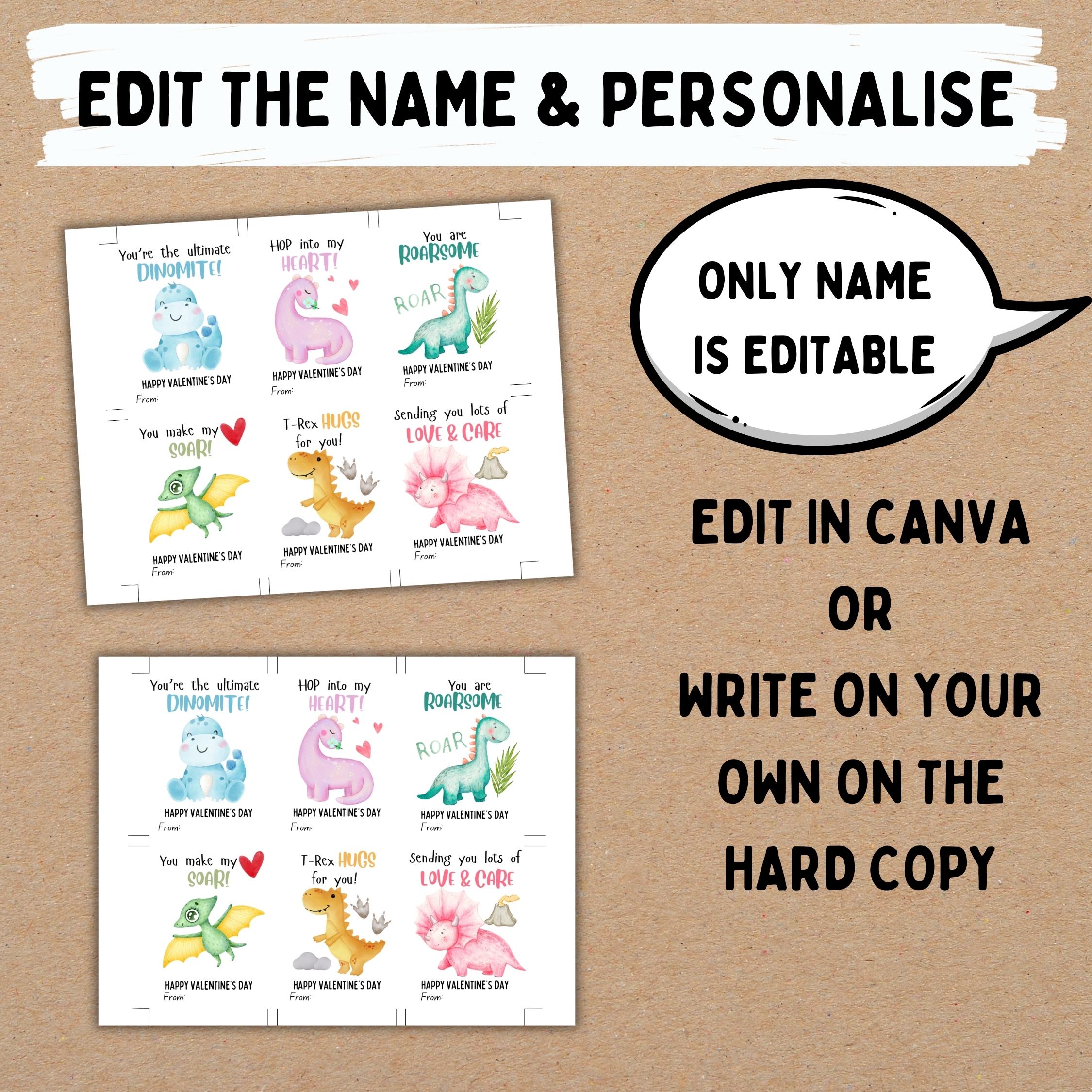 EDITABLE PRINTABLE Dinosaur Valentine Cards, Classroom Valentines Day ...