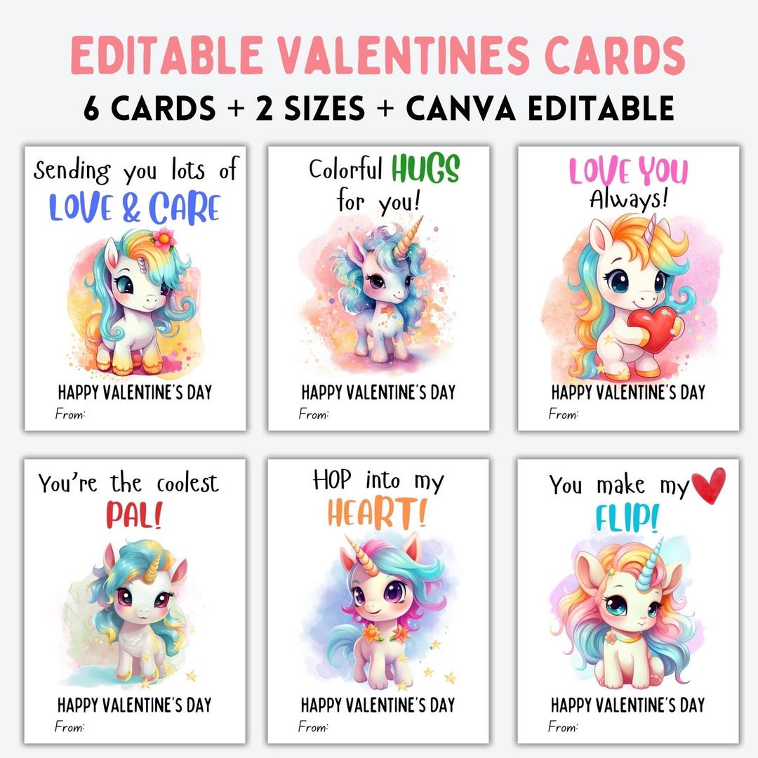 EDITABLE Cute Unicorn Valentine Cards, Classroom Valentines Day Cards ...