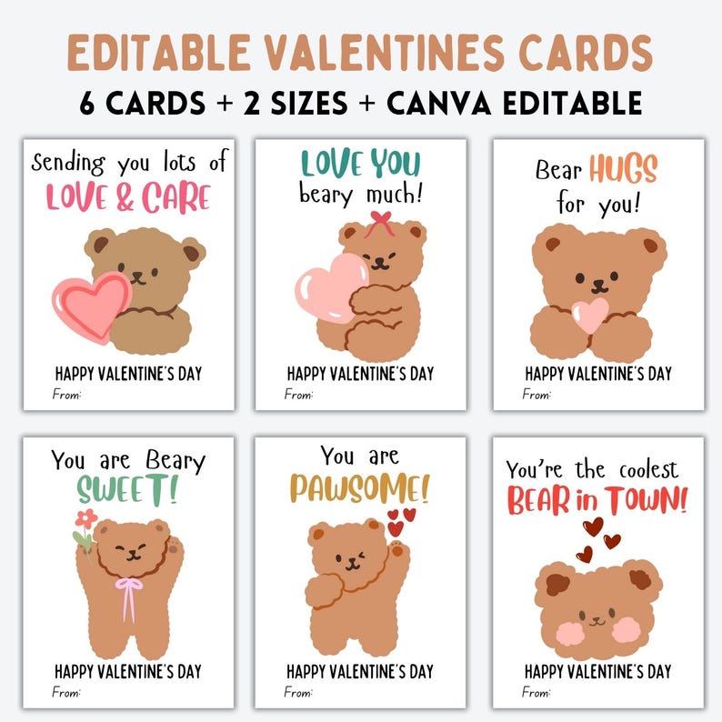 EDITABLE Bear Valentine Cards, Classroom Valentines Day Cards Kids ...
