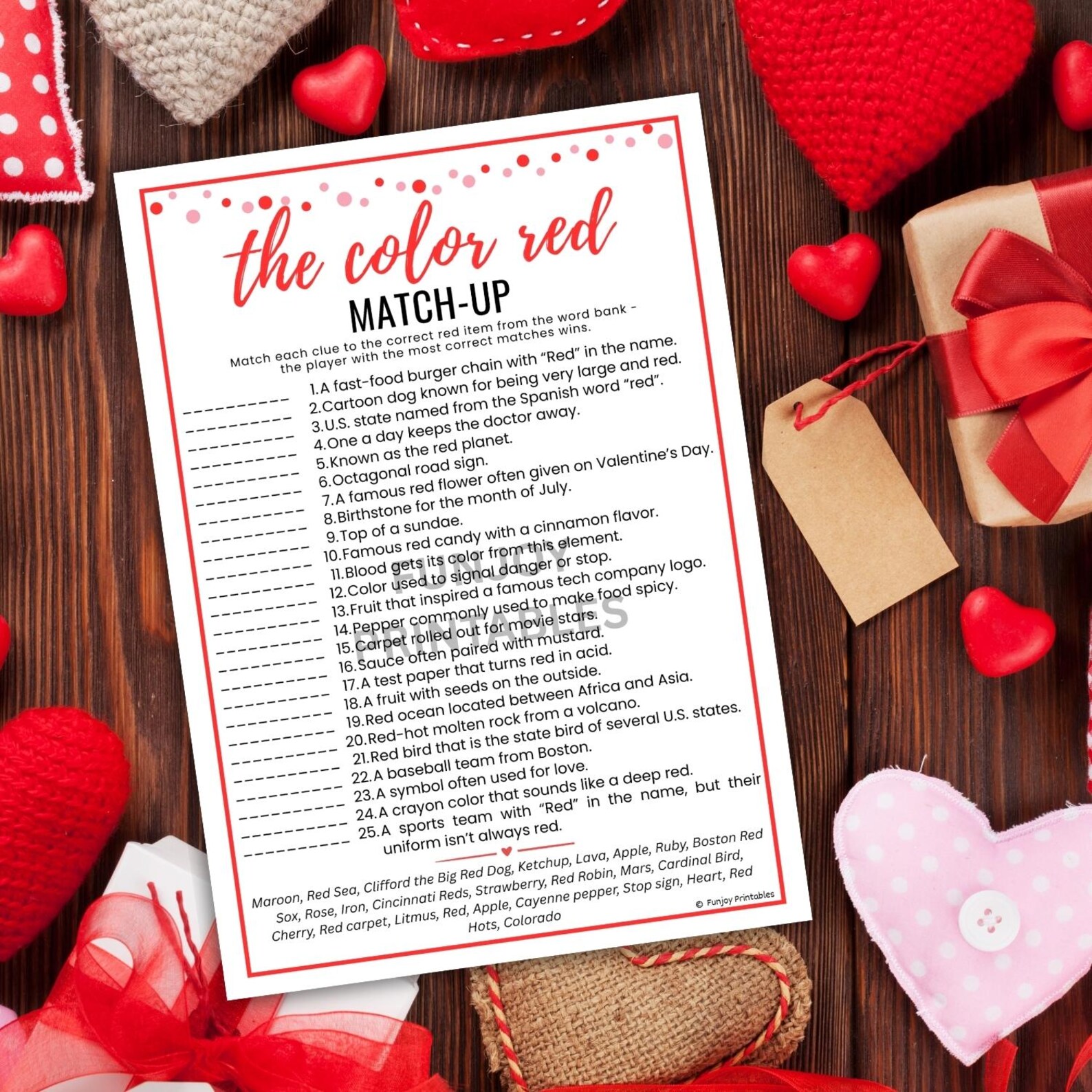 Valentine's Day the Color Red Game, Valentine Printable Games, Party ...