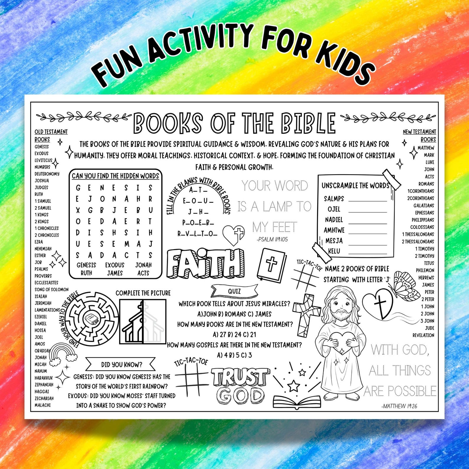 Books of the Bible Activity Placemat Kids, Sunday School Books of the ...