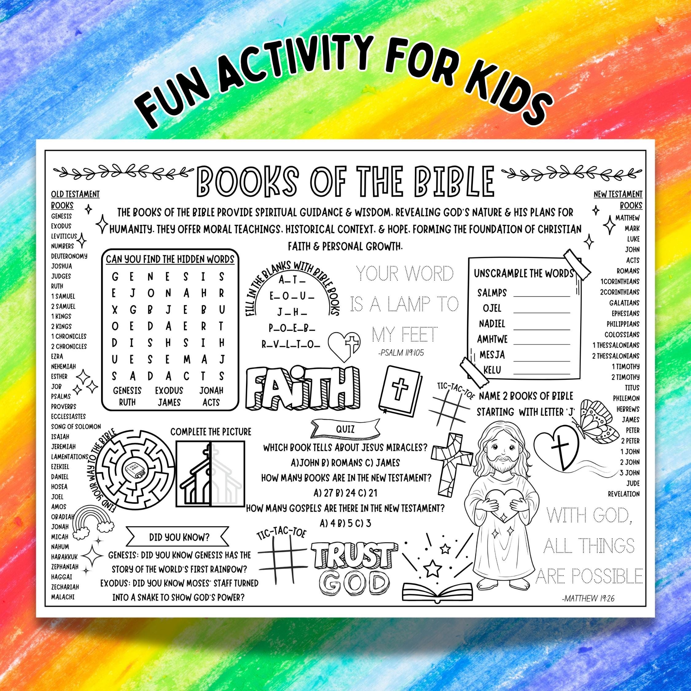 Books of the Bible Activity Placemat Kids, Sunday School Books of the ...