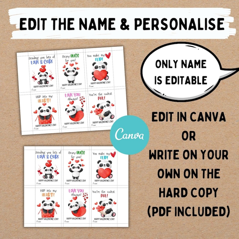 EDITABLE Panda Valentine Cards, Classroom Valentines Day Cards, Kids ...