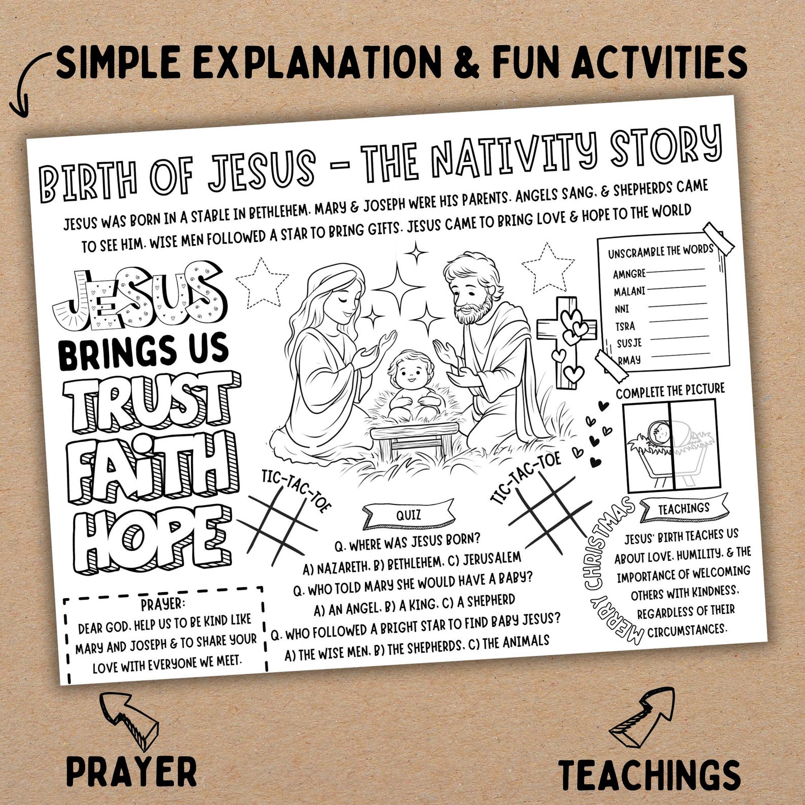 Nativity Activity Placemat Printable, Christmas Coloring Page for Kids ...