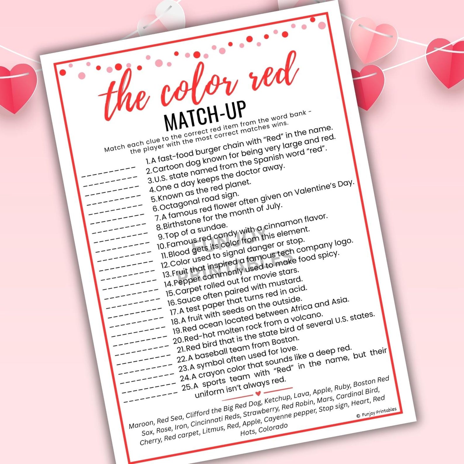 Valentine's Day the Color Red Game, Valentine Printable Games, Party ...