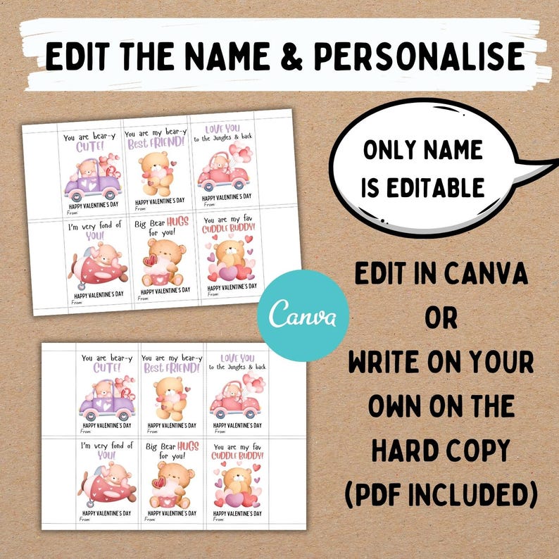 EDITABLE Cute Bear Valentine Cards, Classroom Valentines Day Cards Kids ...