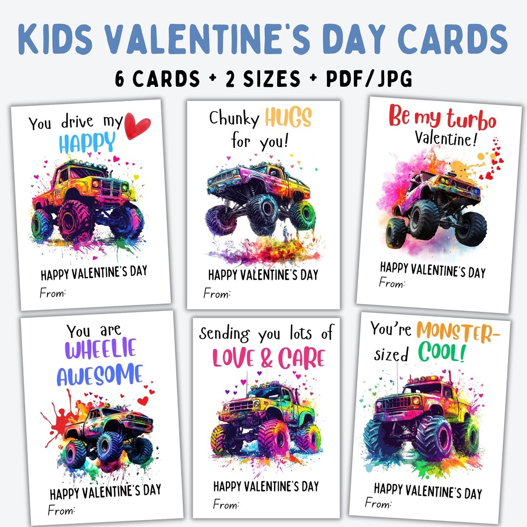 EDITABLE Monster Truck Valentine Cards, Printable, Kids Valentines ...
