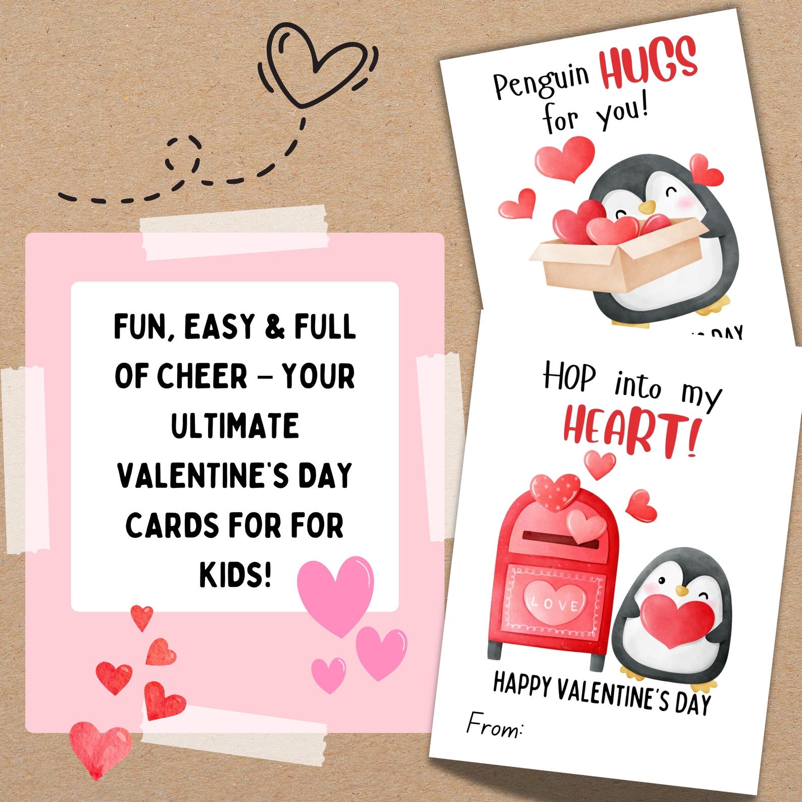 EDITABLE PRINTABLE Penguin Valentine Cards, Classroom Valentines Day ...