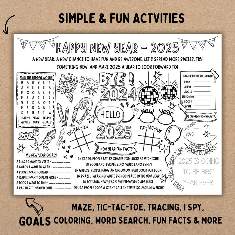 New Years 2025 Activity Placemat PRINTABLE New Years Eve Activity Sheet ...