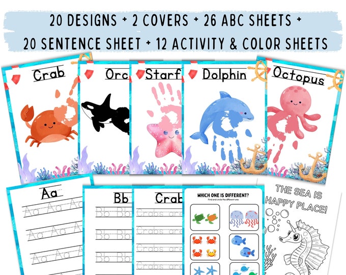 Sea Animals Handprint Art Bundle, Classroom Nursery Activity Card, Baby ...