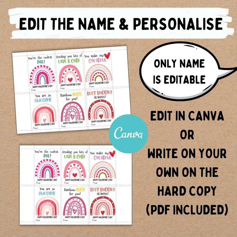 EDITABLE Rainbow Valentine Cards, Classroom Valentines Day Cards, Kids ...