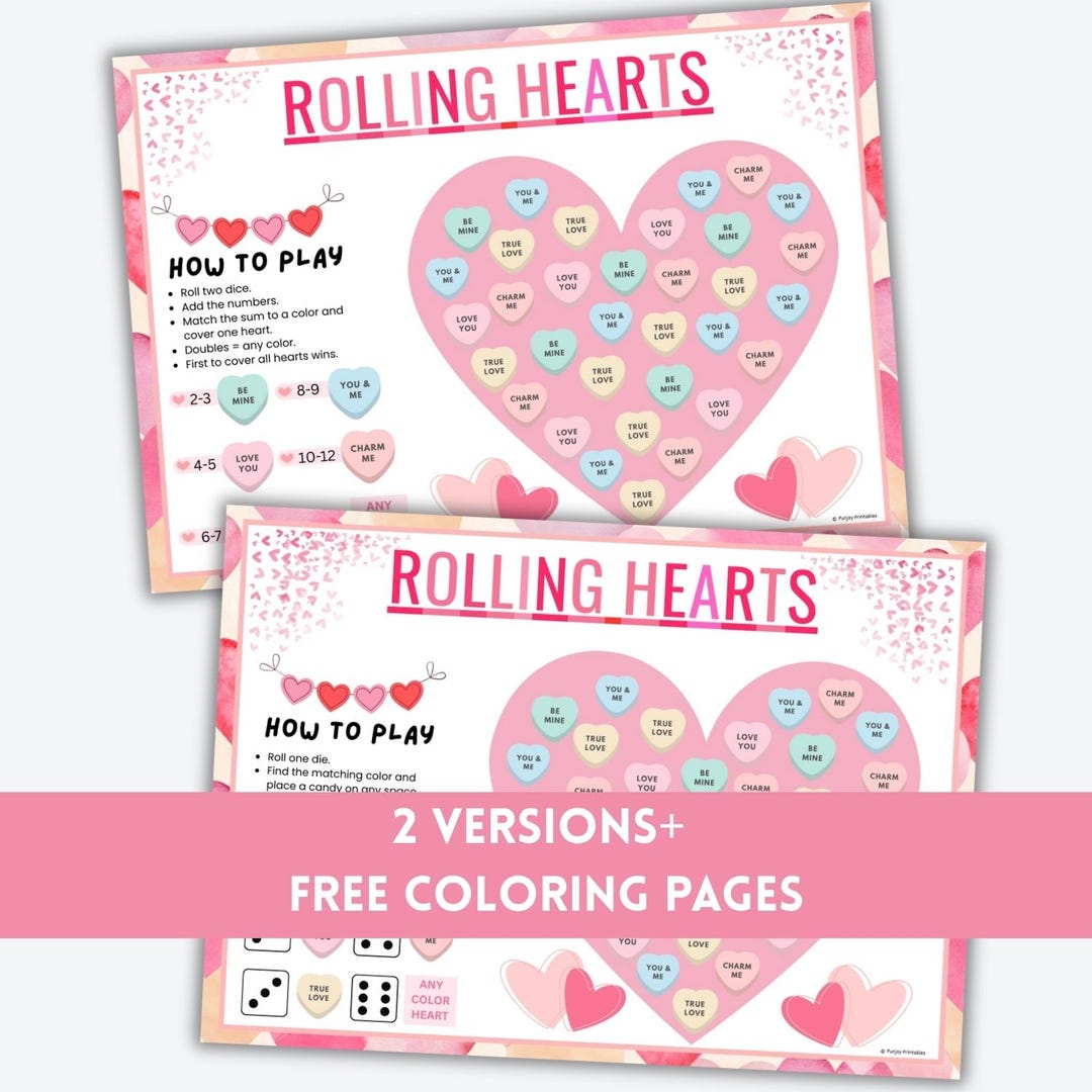 Valentine's Day Candy Game, Printable Rolling Hearts Valentine Games ...