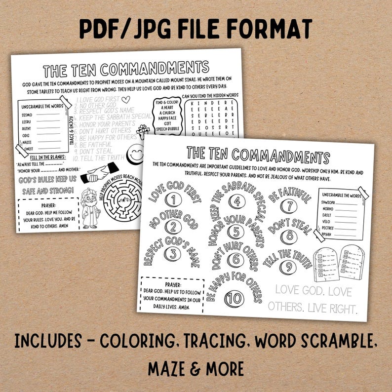The Ten Commandments Activity Sheets, Christian Activity Pages, Bible ...