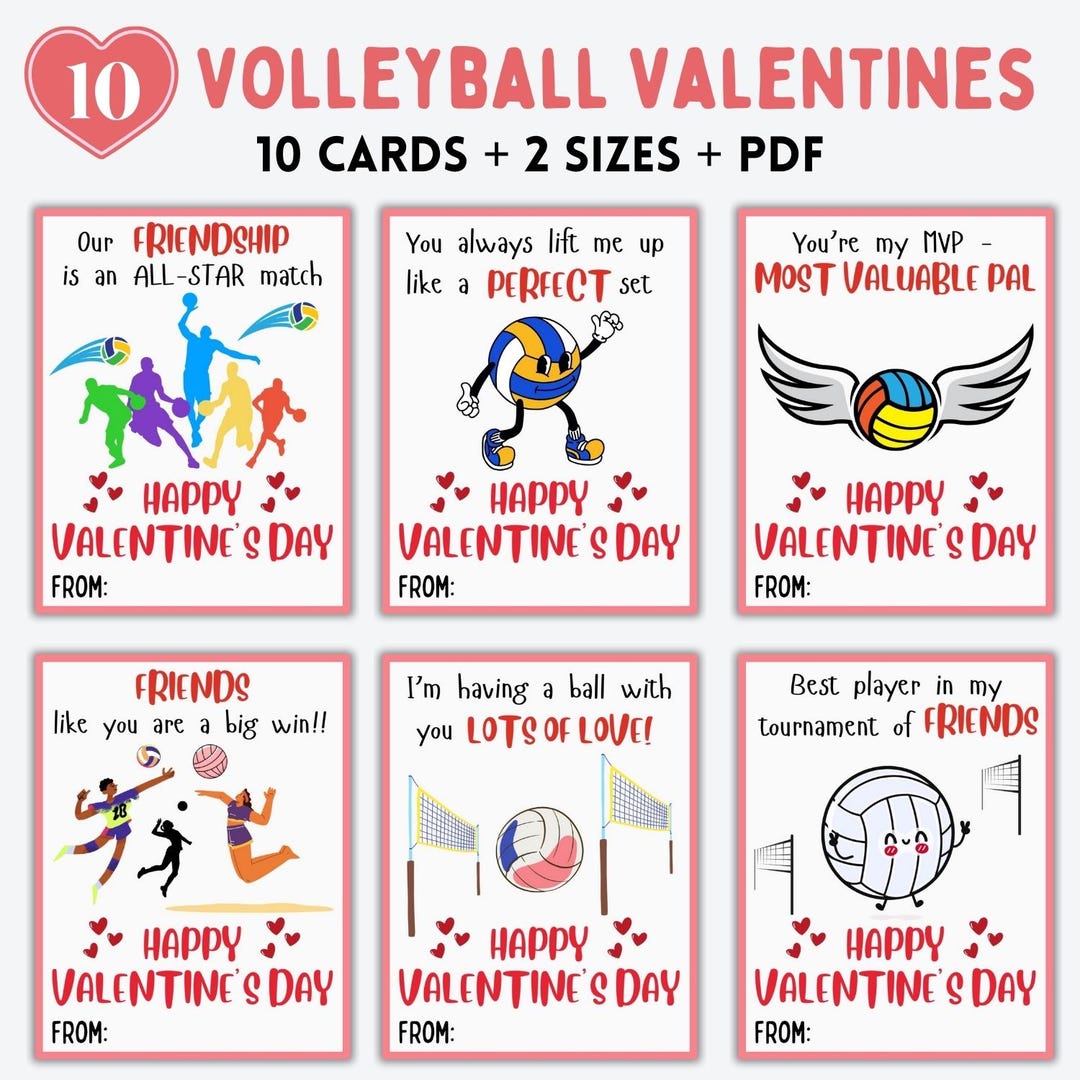 Volleyball Valentine Cards, Volleyball Valentines, PRINTABLE Volleyball ...