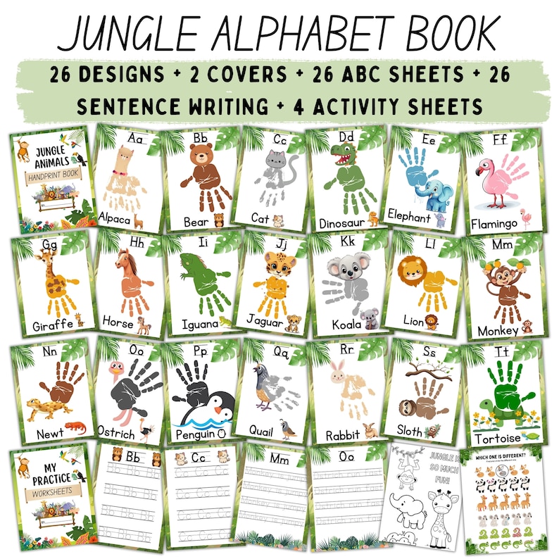 Jungle Animal Alphabet Handprint Art Craft, My Handprint Alphabet Book ...