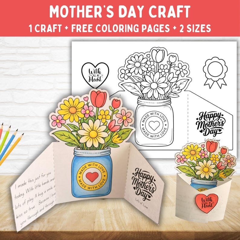 Mother's Day Card, PRINTABLE Coloring Foldable Flower Card for Kids ...