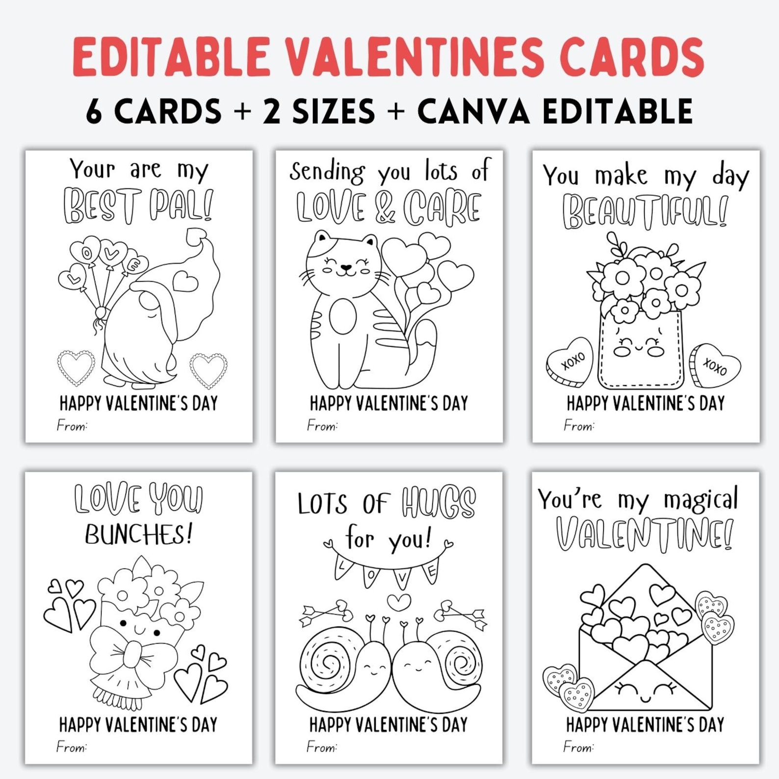 EDITABLE Valentines Coloring Cards, Valentine Craft for Kids, Valentine ...