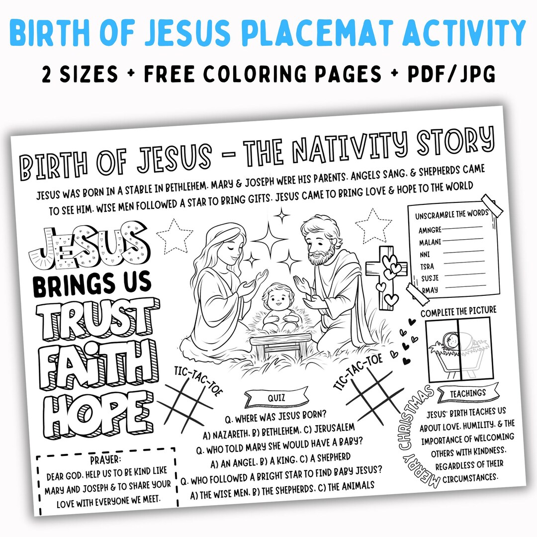 Nativity Activity Placemat Printable, Christmas Coloring Page for Kids ...