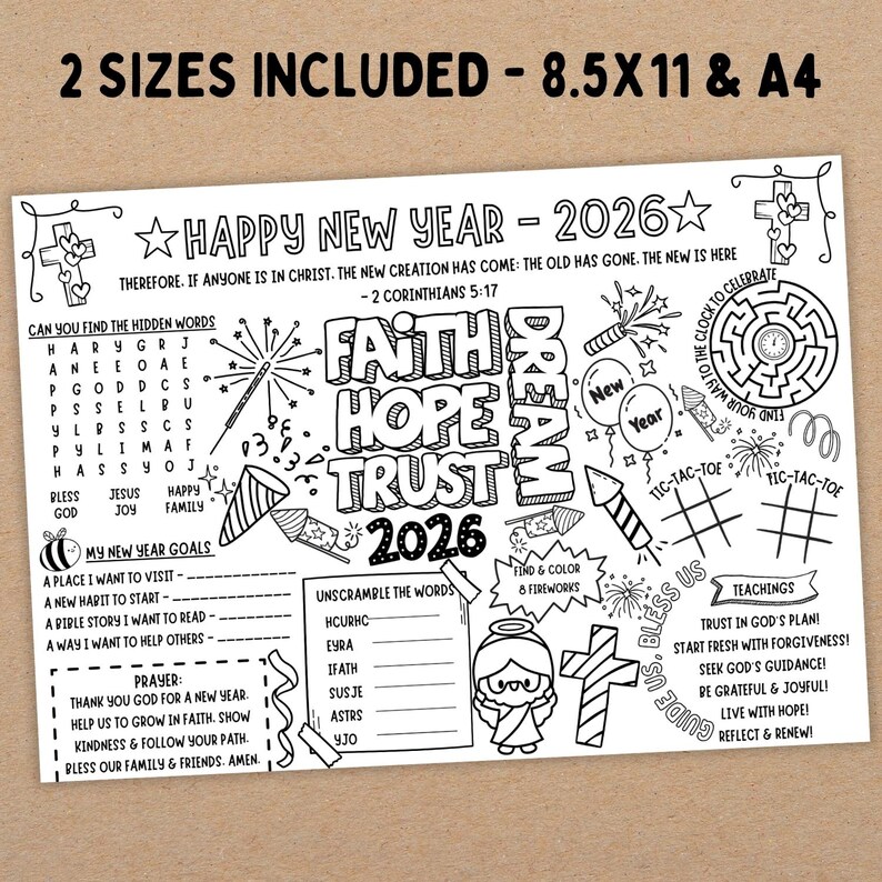 2026 New Year Faith Based Activity Placemat, Coloring Page for Kids ...