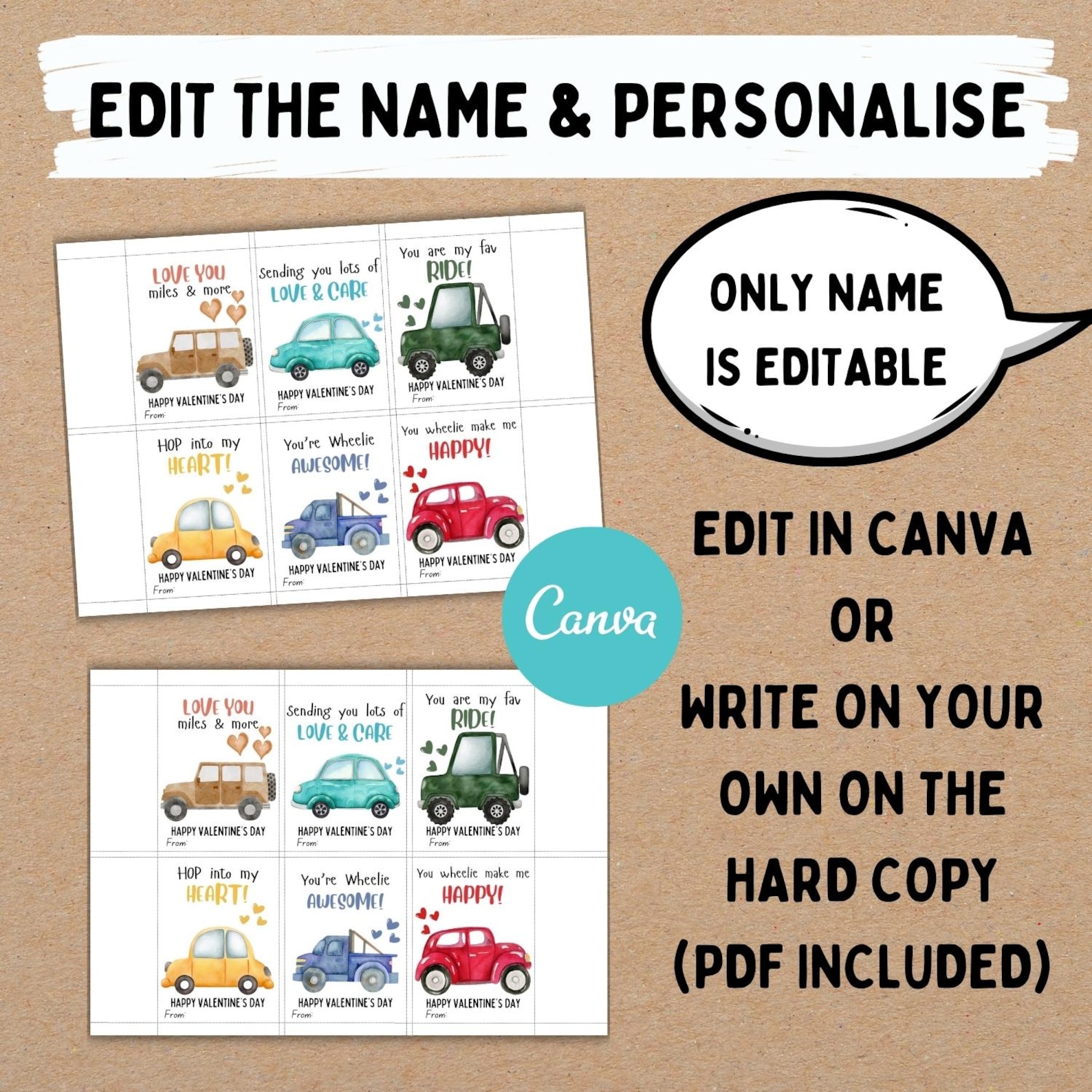 EDITABLE Cute Cars Valentine Cards, Classroom Valentines Day Cards ...