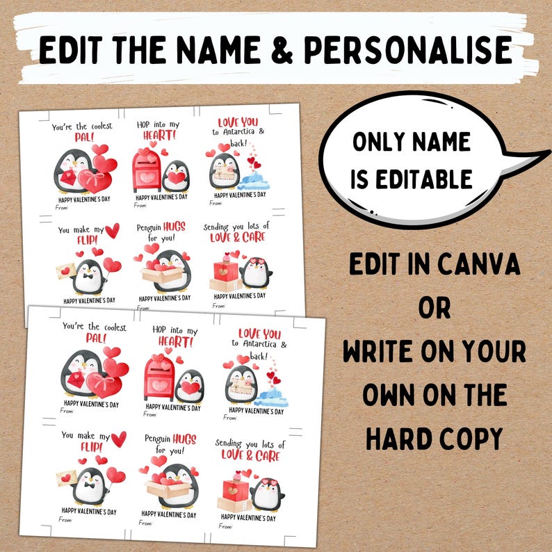 EDITABLE PRINTABLE Penguin Valentine Cards, Classroom Valentines Day ...