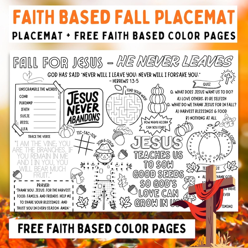 Fall for Jesus He Never Leaves, Fall Bible Activity Page for Kids ...
