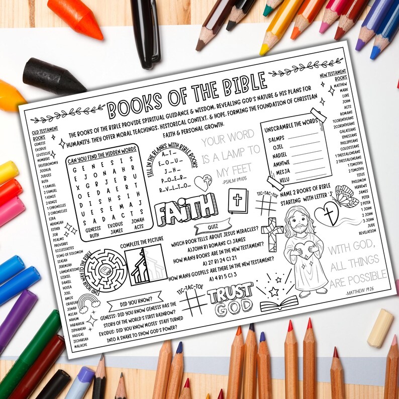 Books of the Bible Activity Placemat Kids, Sunday School Books of the ...