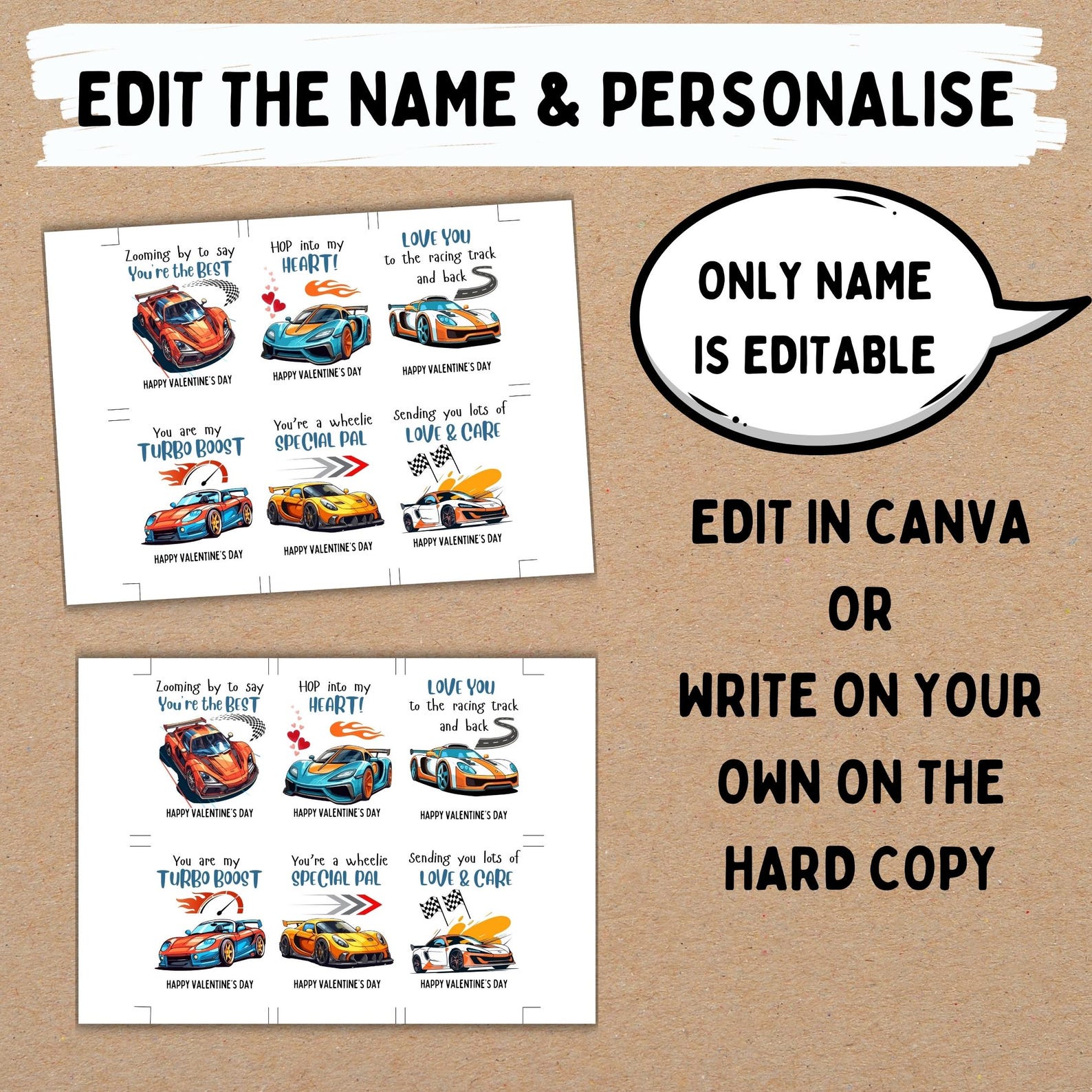 EDITABLE Cars Valentine Cards, Classroom Valentines Day Cards Boys ...