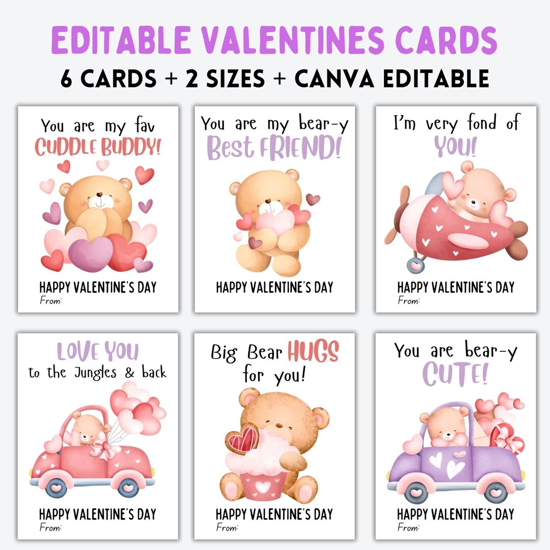 EDITABLE Cute Bear Valentine Cards, Classroom Valentines Day Cards Kids ...