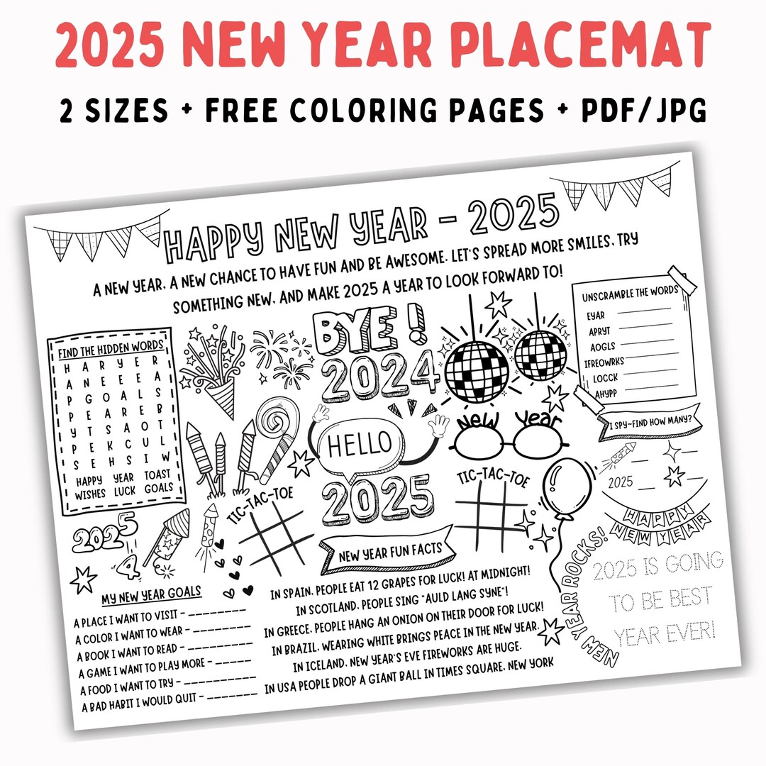 New Years 2025 Activity Placemat PRINTABLE New Years Eve Activity Sheet ...